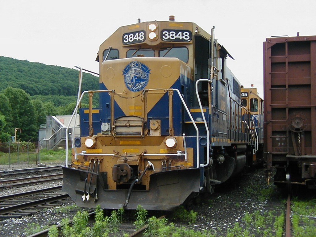 NECR 3848 stopped for crew change, had just led a freight train into the yard